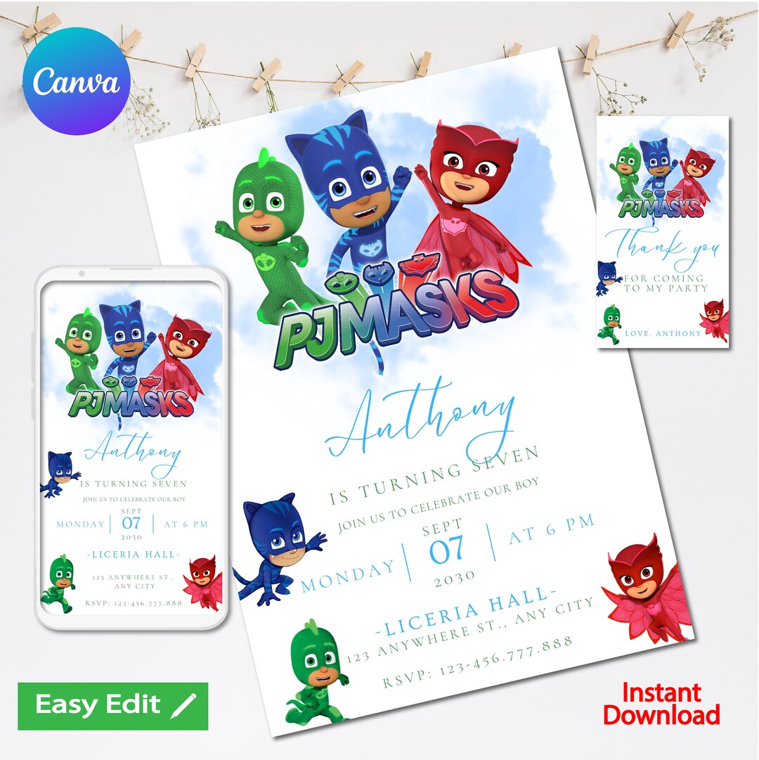 Editable Pj Masks Birthday Invitation Template, PJM Birthday Invitation ...