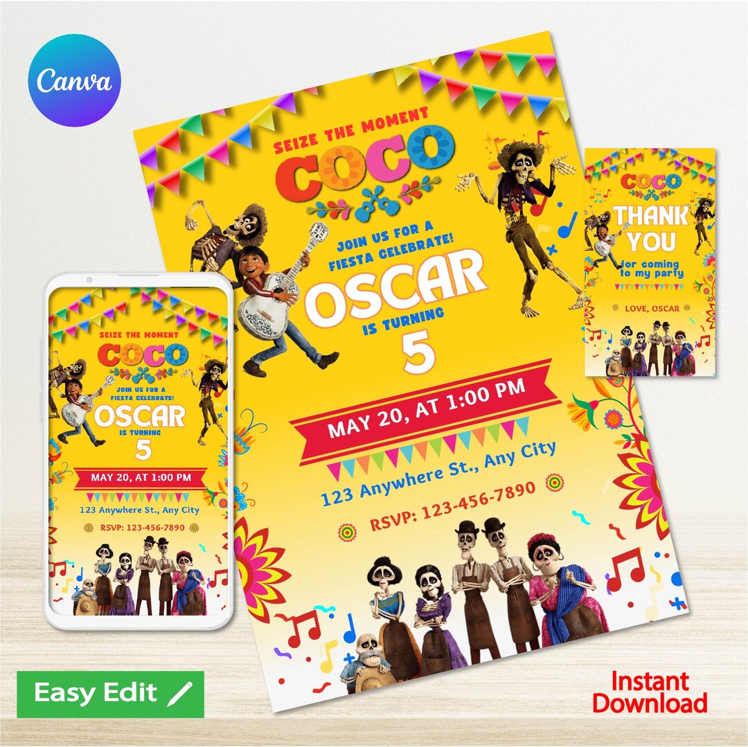 Editable Coco Birthday Invitation Disney Coco Invite Template Printable ...