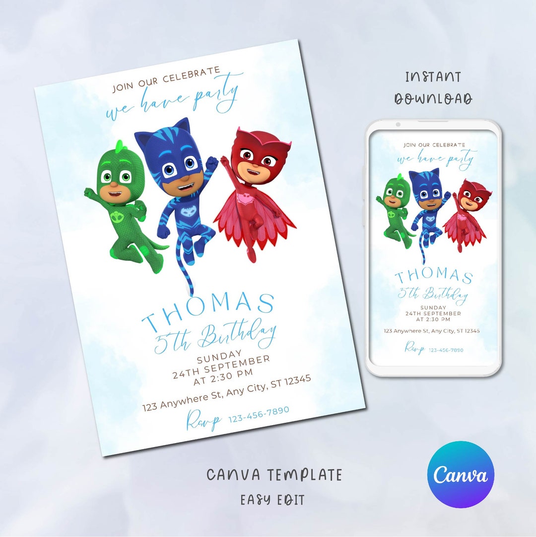 Editable Pj Masks Birthday Invitation Template, PJM Birthday Invitation ...