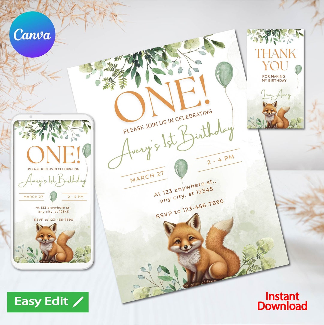 Fox Woodland Birthday Invitation, Green Fox Birthday Invite, Woodland ...