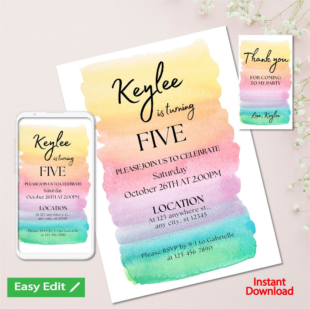 Pastel Rainbow Birthday Invitation | Colorful Watercolor | Ombre Pastel ...