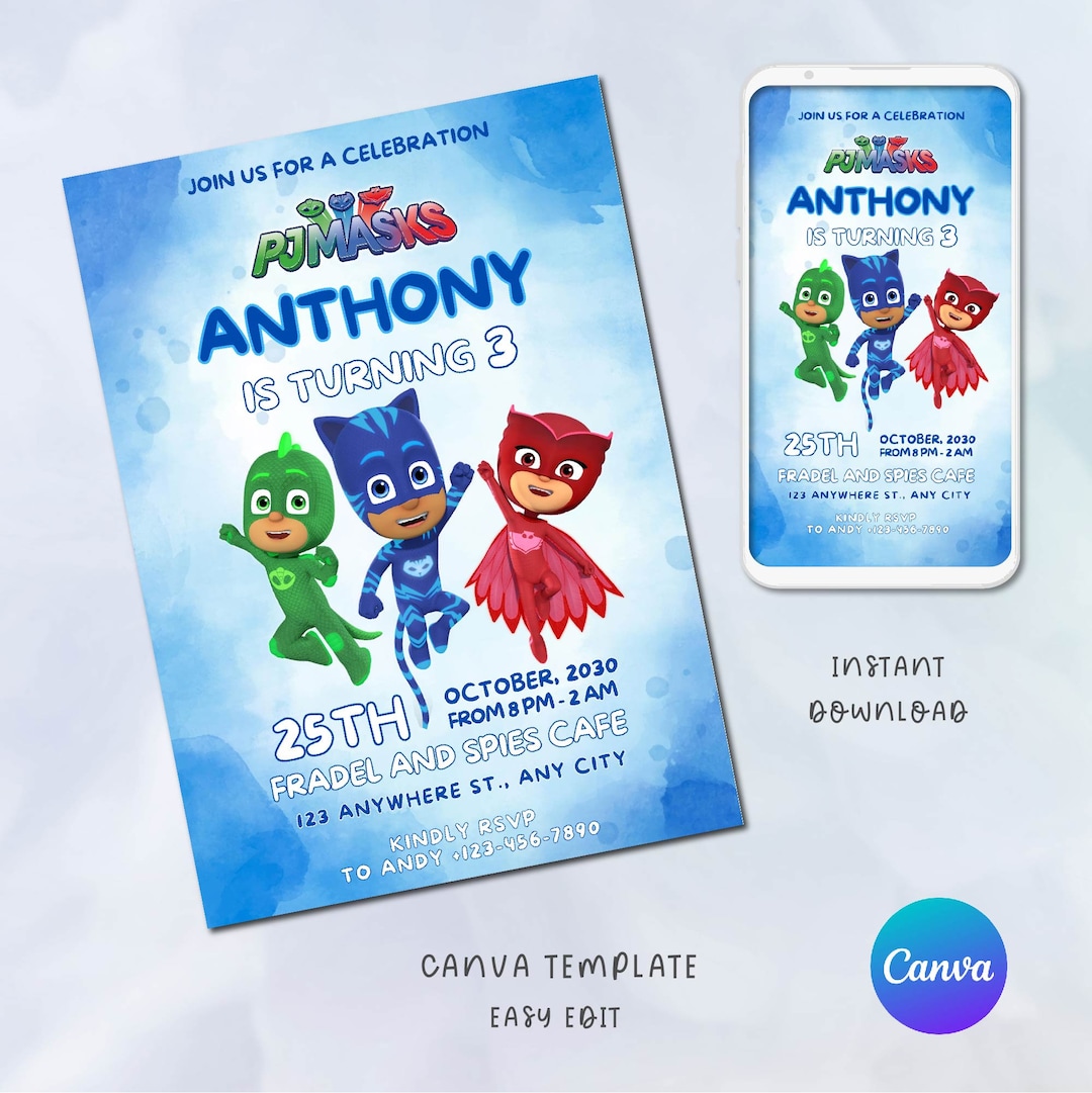 Editable Pj Masks Birthday Invitation Template, PJM Birthday Invitation ...