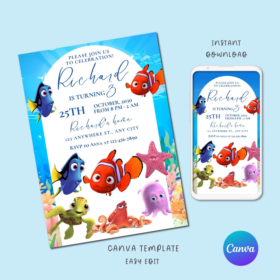 Printable Nemo Birthday Invitation, Dory Invite, Under the Sea Party ...