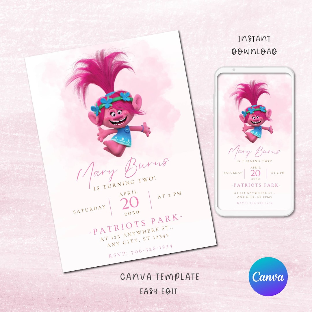 Editable Trolls Poppy Birthday Invitation | Trolls Girls Invite ...