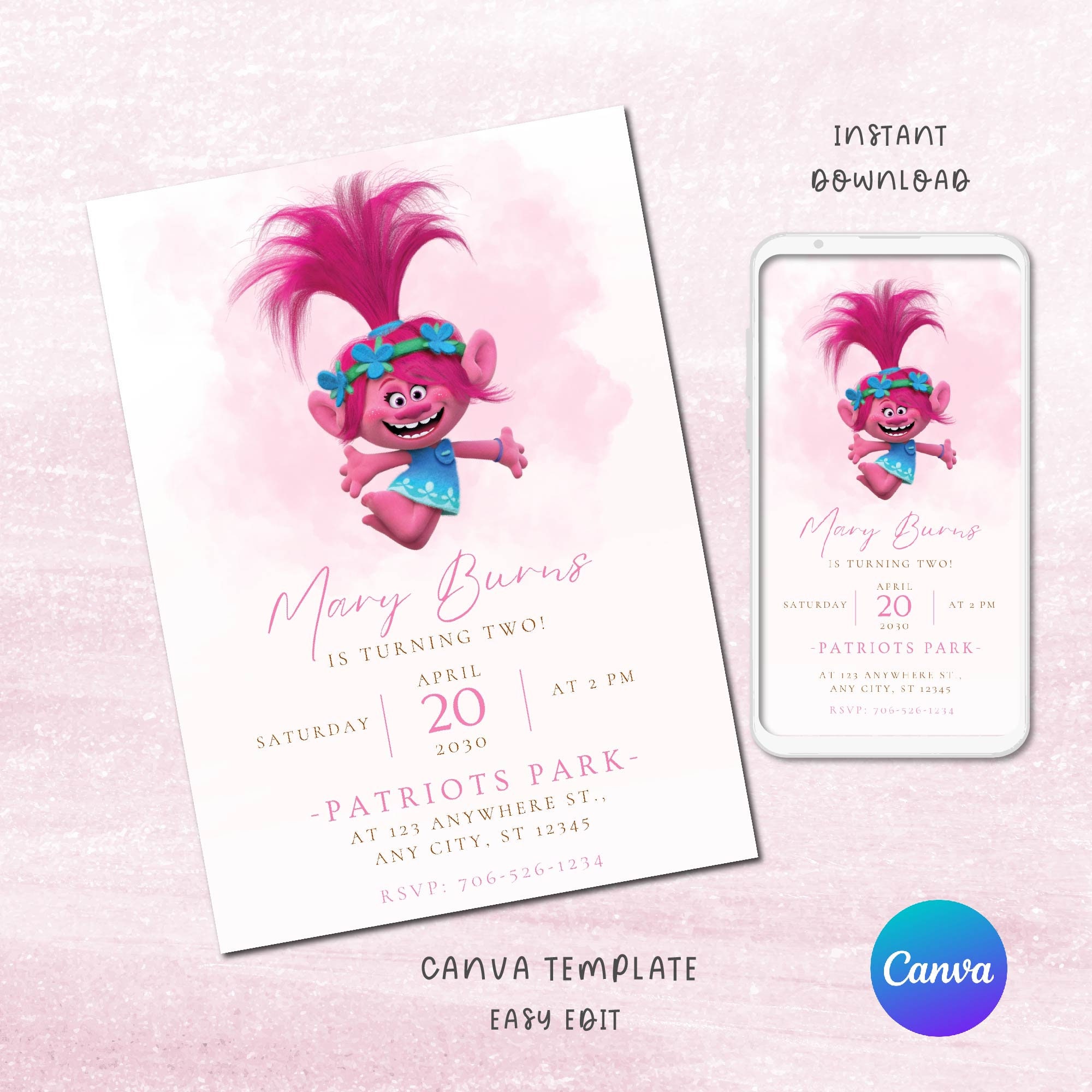 Editable Trolls Poppy Birthday Invitation Trolls Girls Invite, Template ...