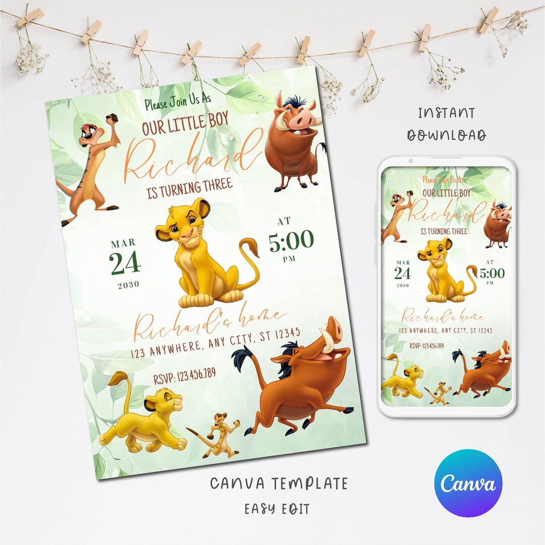 Lion King Birthday Invitation Boy Simba Timon Pumba Jungle Animals ...
