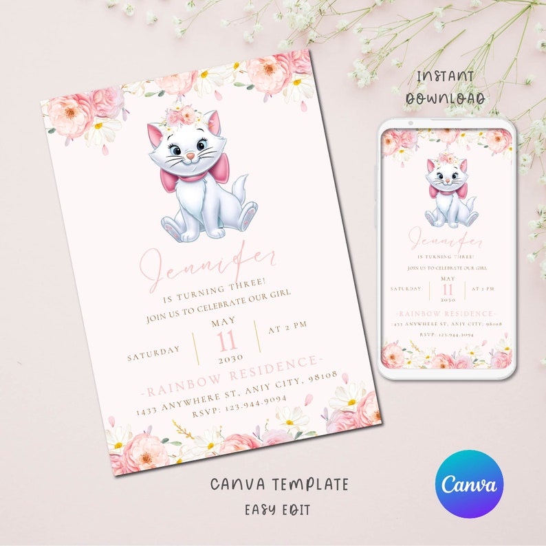 Marie & Aristocats Printable Invitation, Marie Aristocats Invite, Marie ...