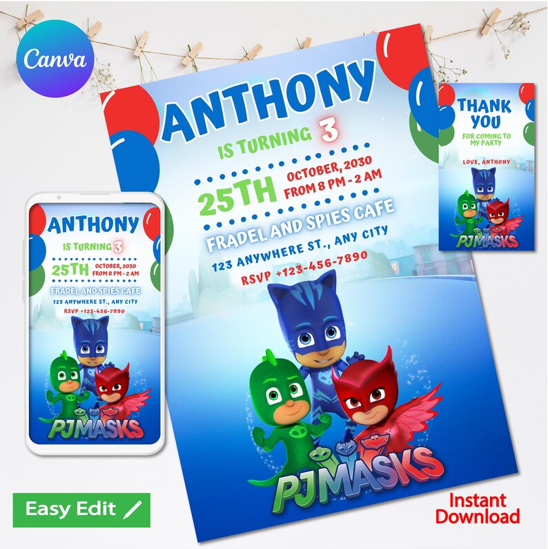 Editable Pj Masks Birthday Invitation Template, PJM Birthday Invitation ...