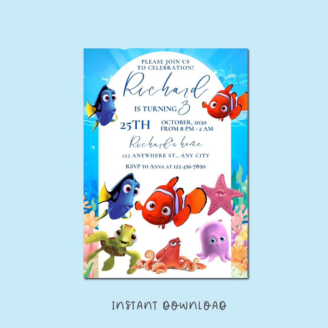 Printable Nemo Birthday Invitation, Dory Invite, Under the Sea Party ...