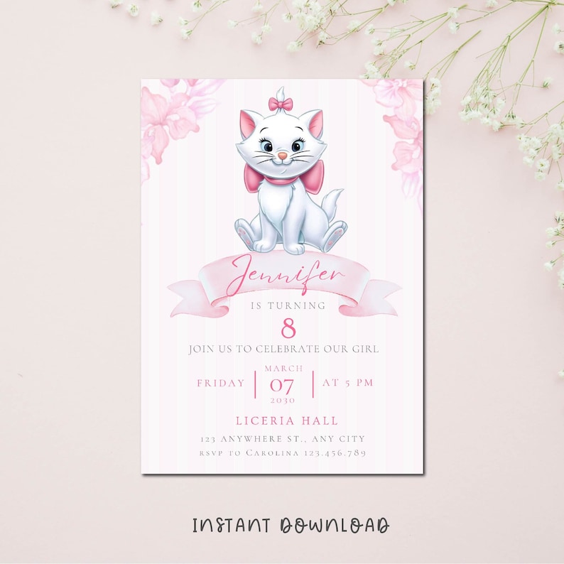 Marie & Aristocats Printable Invitation, Marie Aristocats Invite, Marie ...