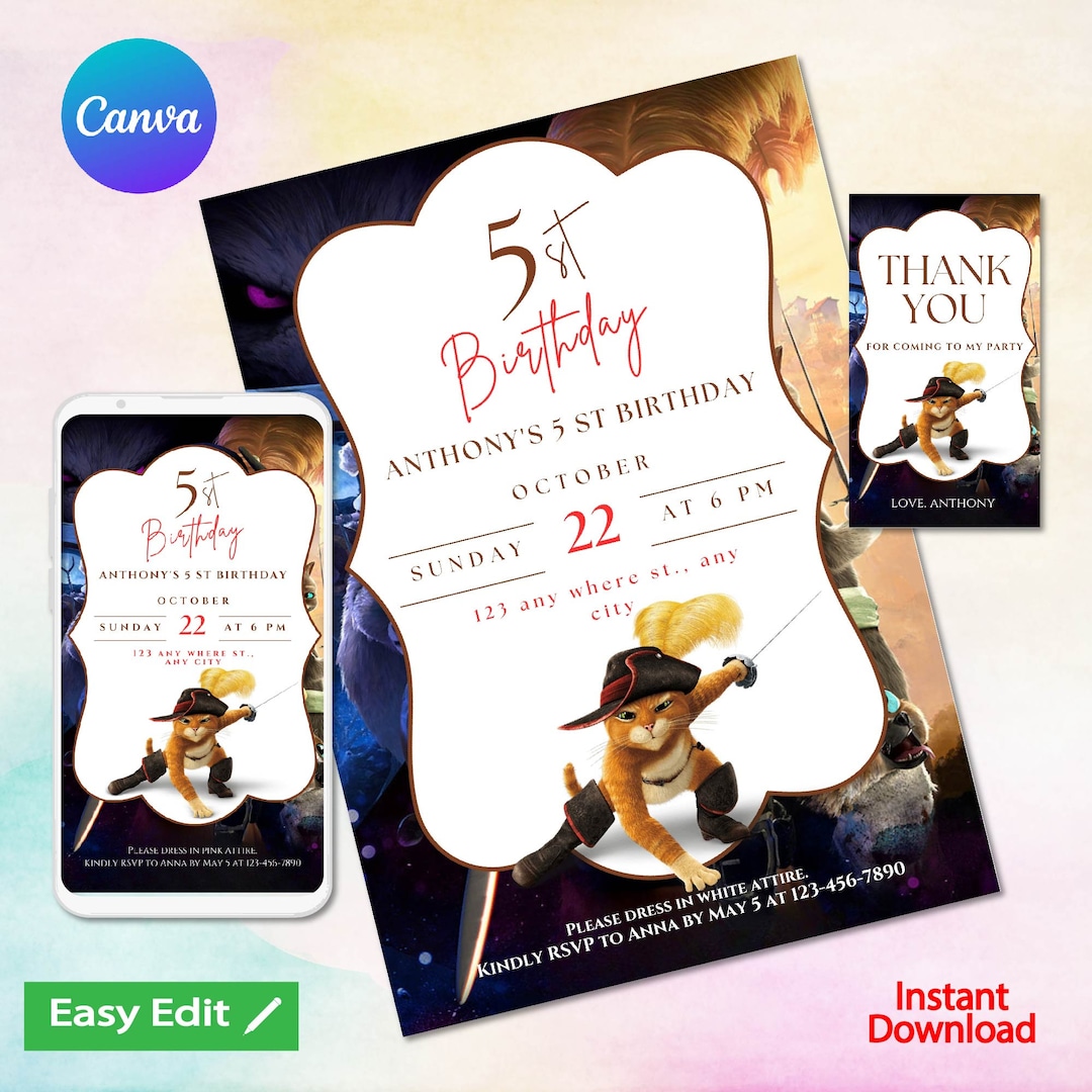 Invitación de cumpleaños del gato con botas, invitación de cumpleaños ...