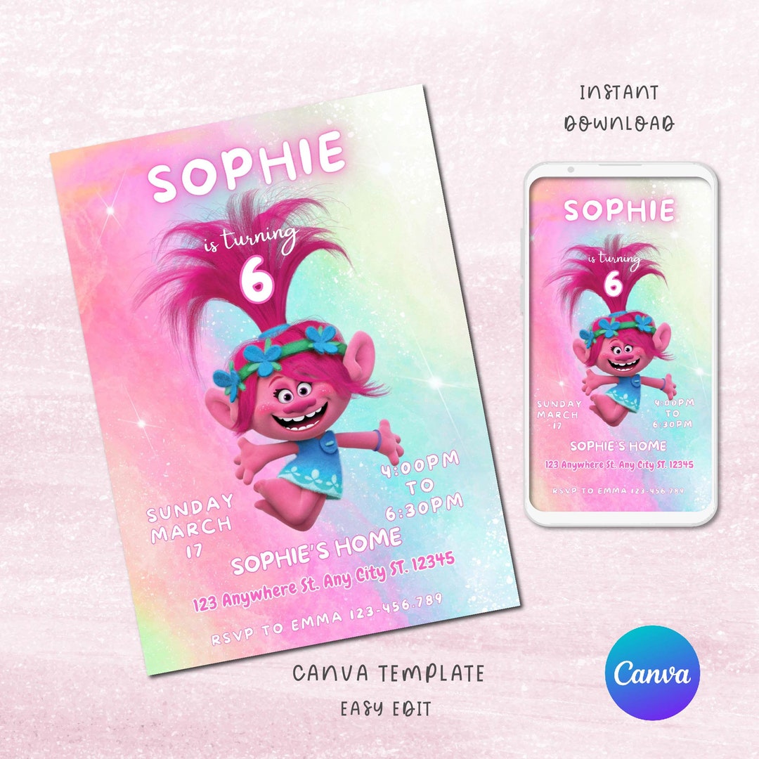 Editable Trolls Poppy Birthday Invitation | Trolls Girls Invite ...