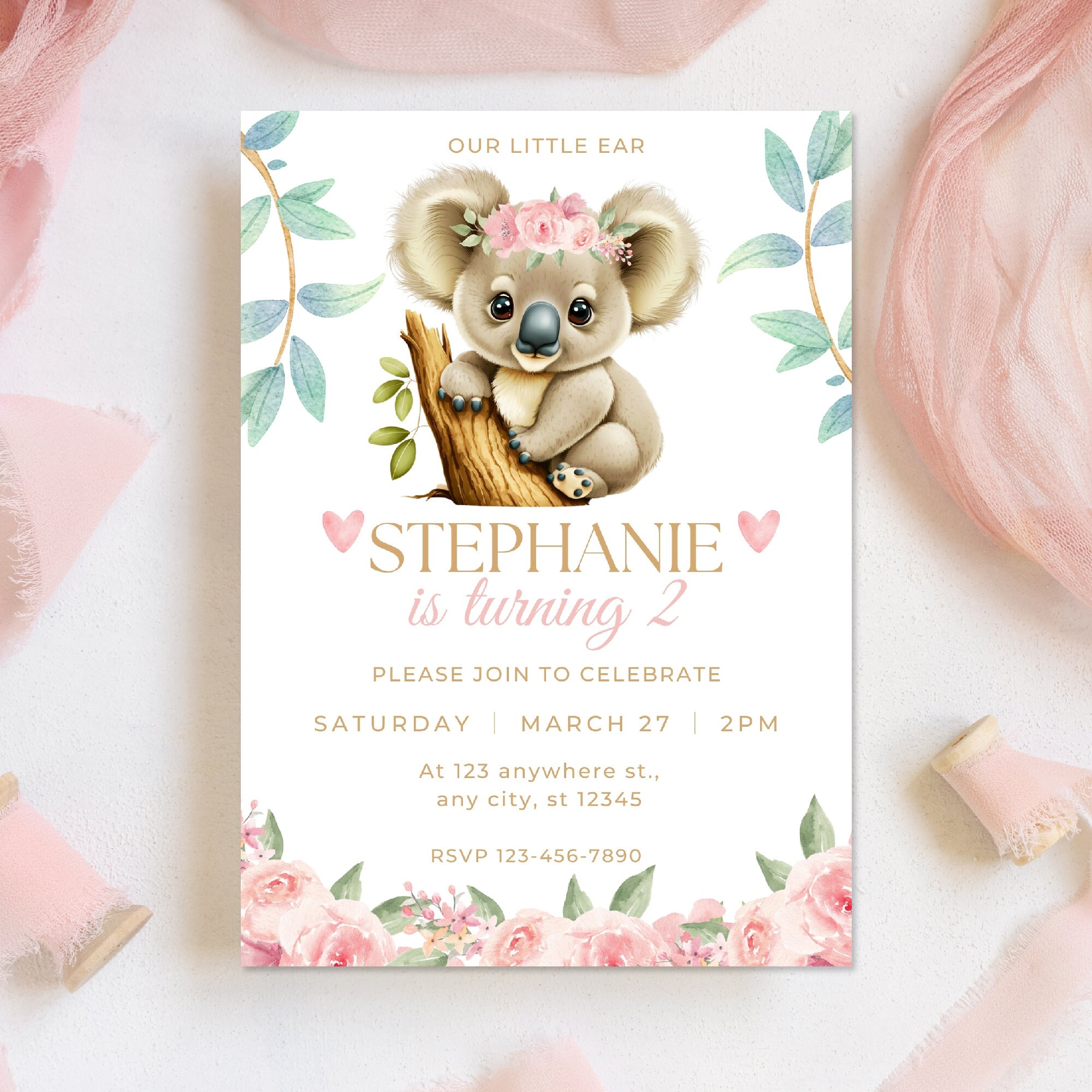 Koala Girl Birthday Invitation, Girl Birthday Invitation, Koala Bear ...