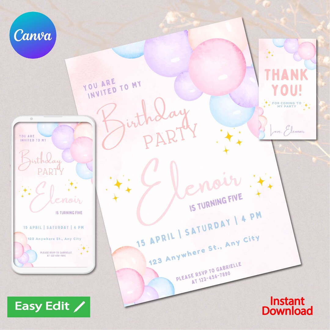 Pastel Ballon Birthday Invitation | Colorful Watercolor | Ombre Pastel ...