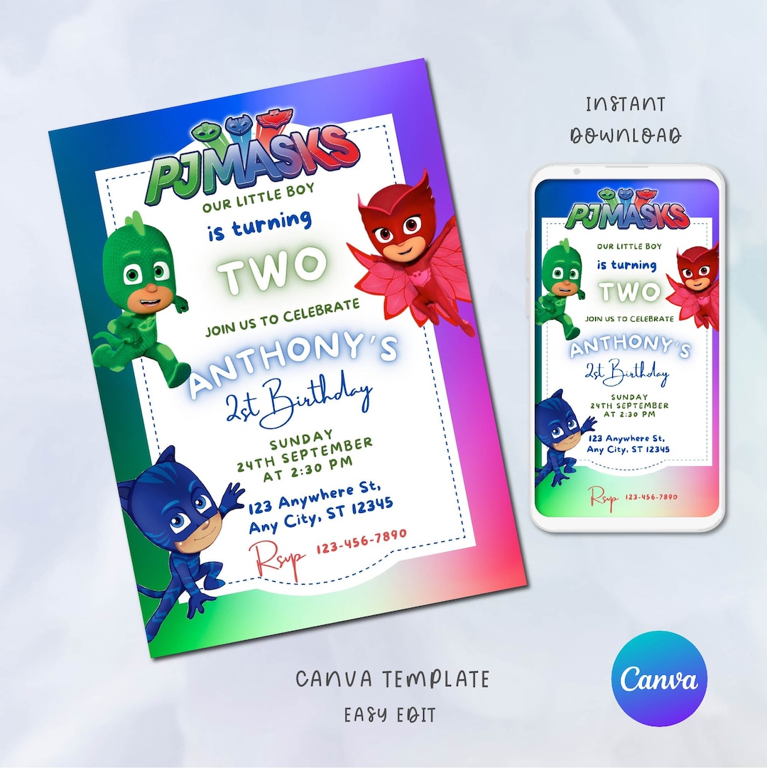 Editable Pj Masks Birthday Invitation Template, PJM Birthday Invitation ...