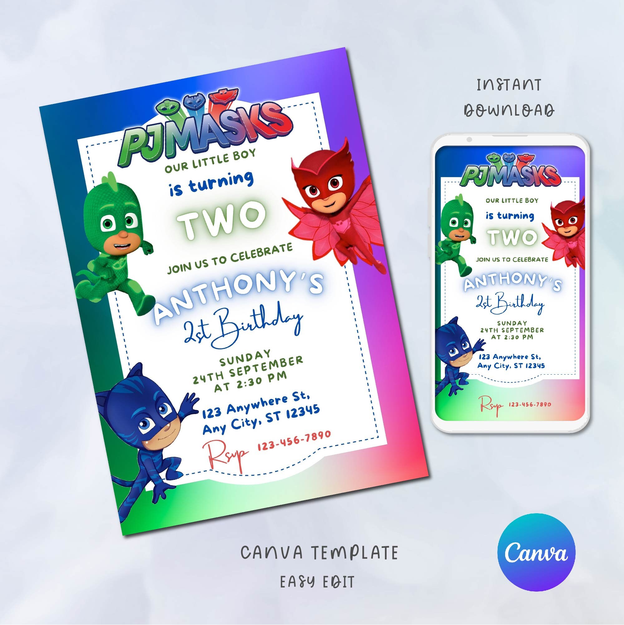 Editable Pj Masks Birthday Invitation Template, PJM Birthday Invitation ...