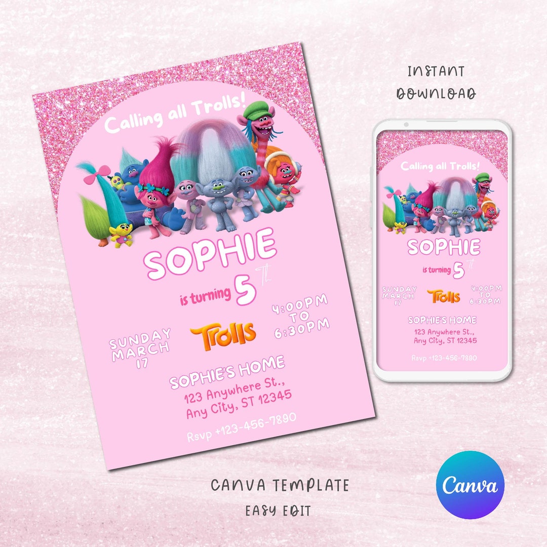 Editable Trolls Poppy Birthday Invitation | Trolls Girls Invite ...