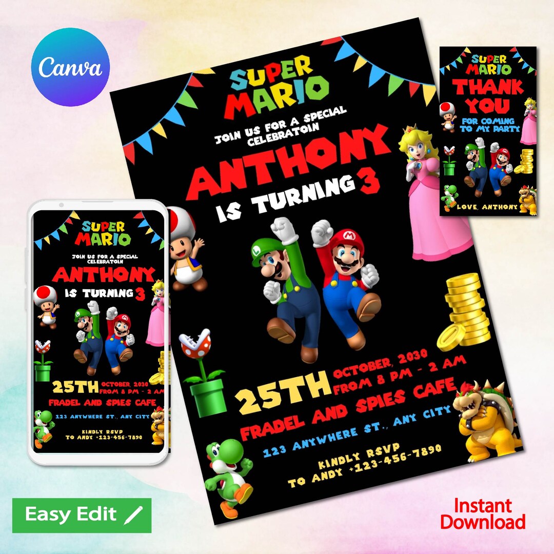 Invitación de Mario Bros, Invitación de cumpleaños de Super Mario ...
