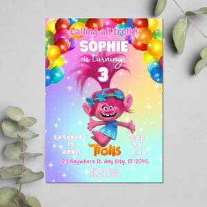 Editable Trolls Poppy Birthday Invitation | Trolls Girls Invite ...