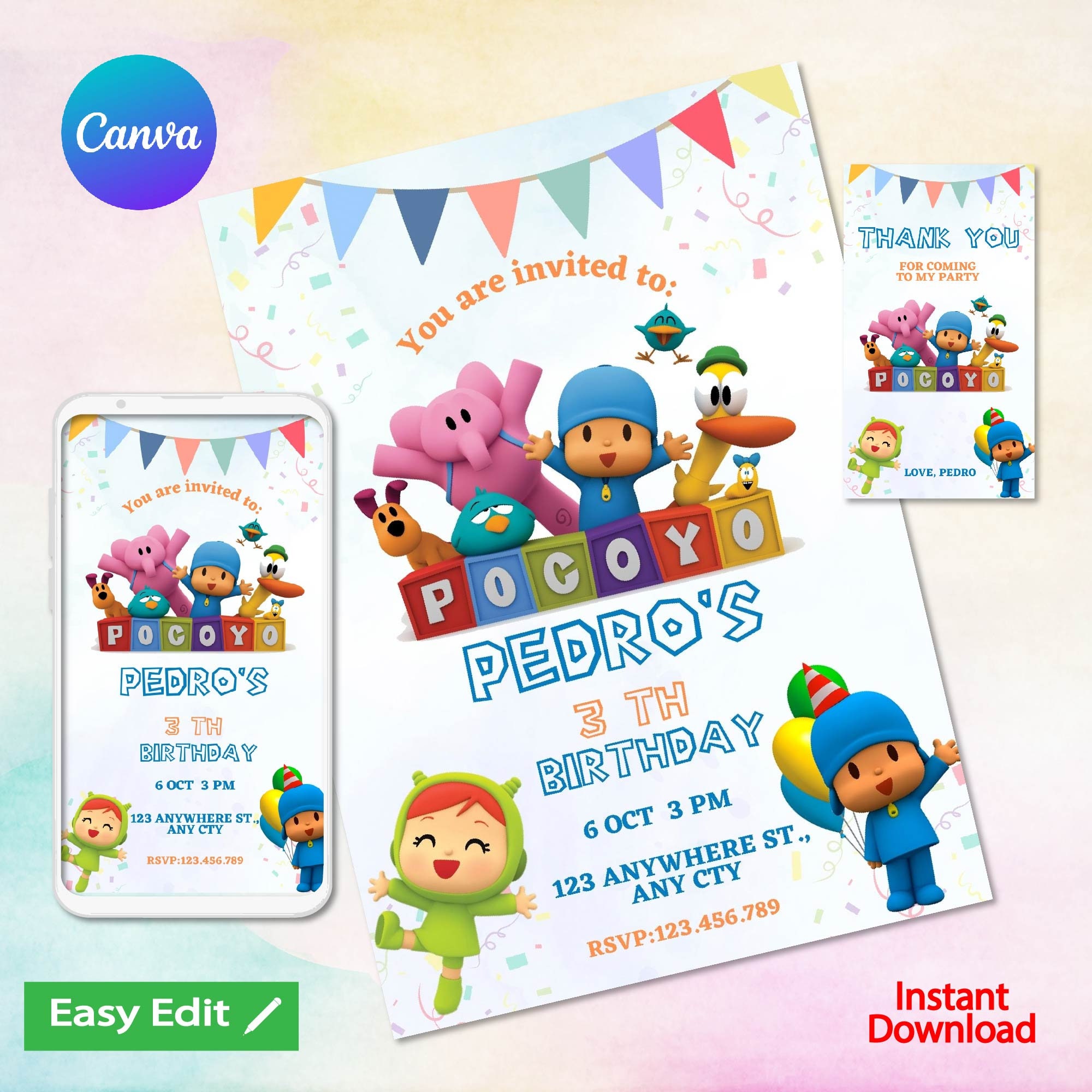 Editable Pocoyo Birthday Invitation Pocoyo Invitation Pocoyo Party Kids ...