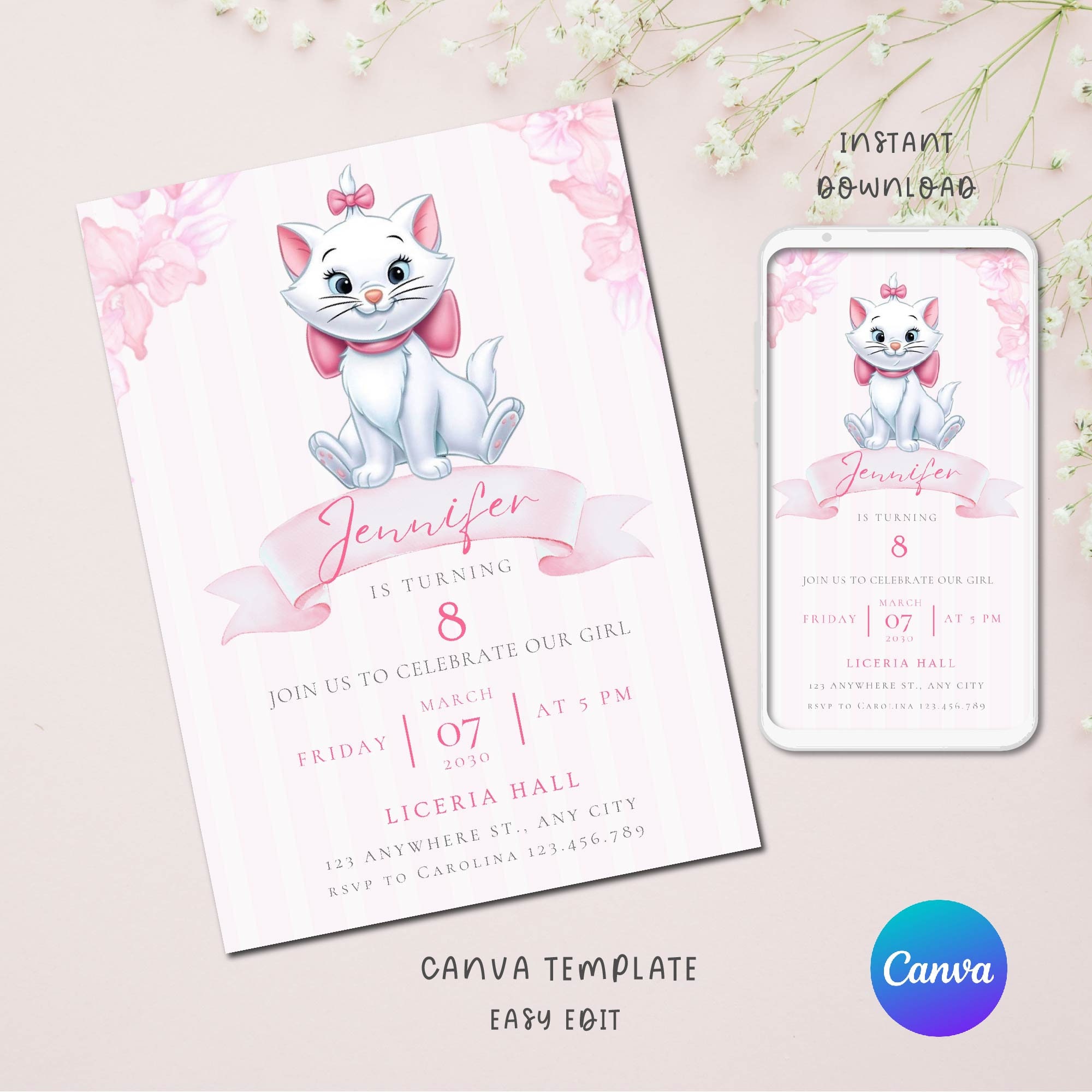 Marie & Aristocats Printable Invitation, Marie Aristocats Invite, Marie ...