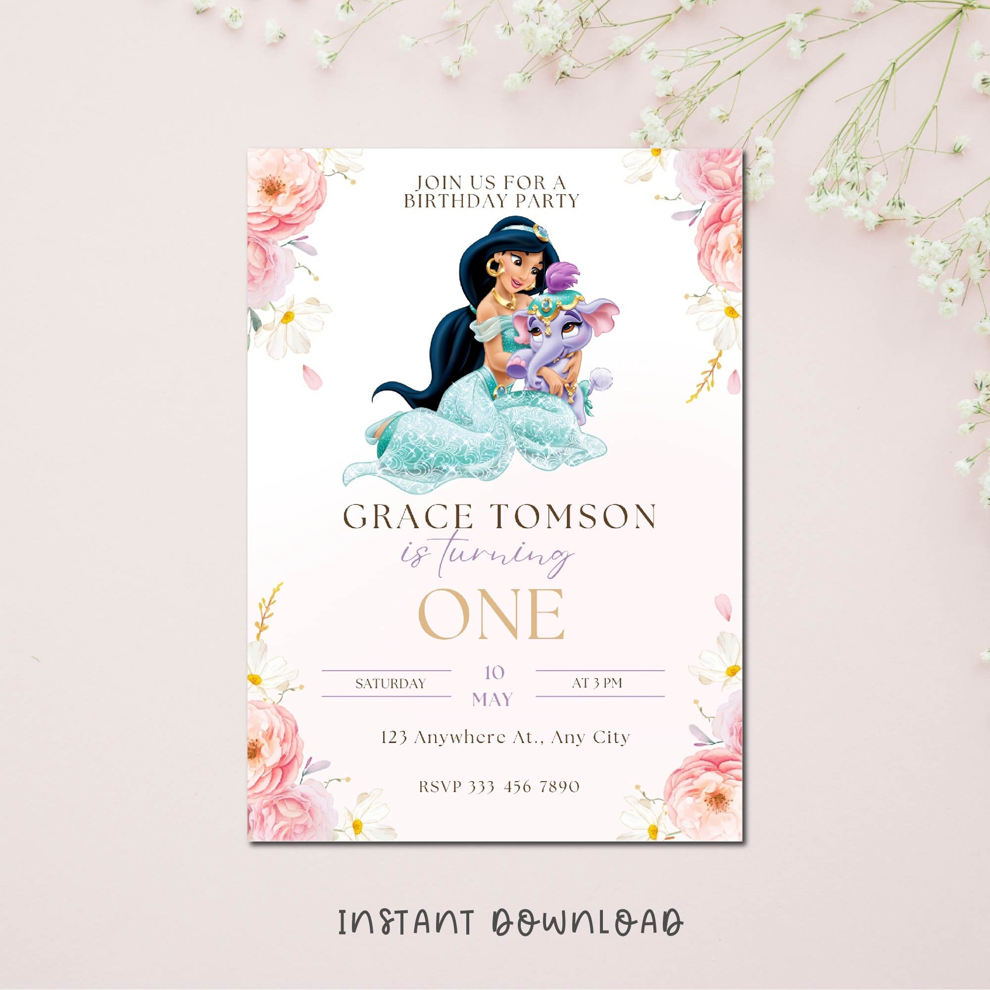 Princess Jasmine Birthday Invitation Template, Printable Birthday Party ...