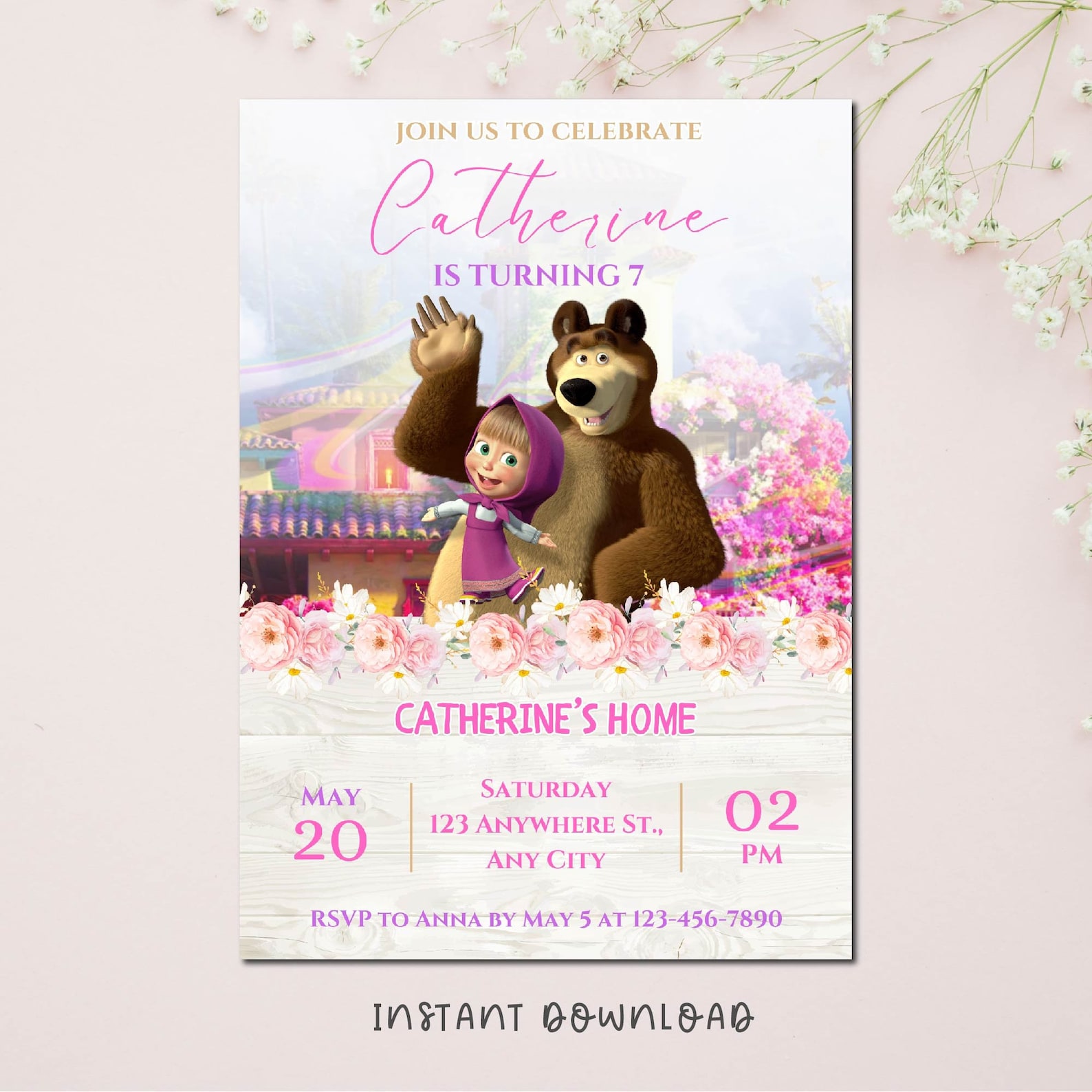 Editable Masha and the Bear Birthday Invitation Template, Printable ...