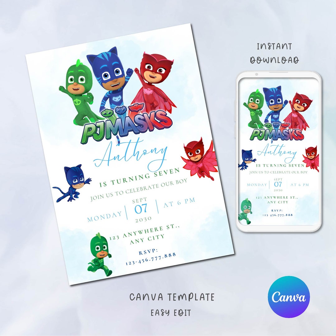 Editable Pj Masks Birthday Invitation Template, PJM Birthday Invitation ...