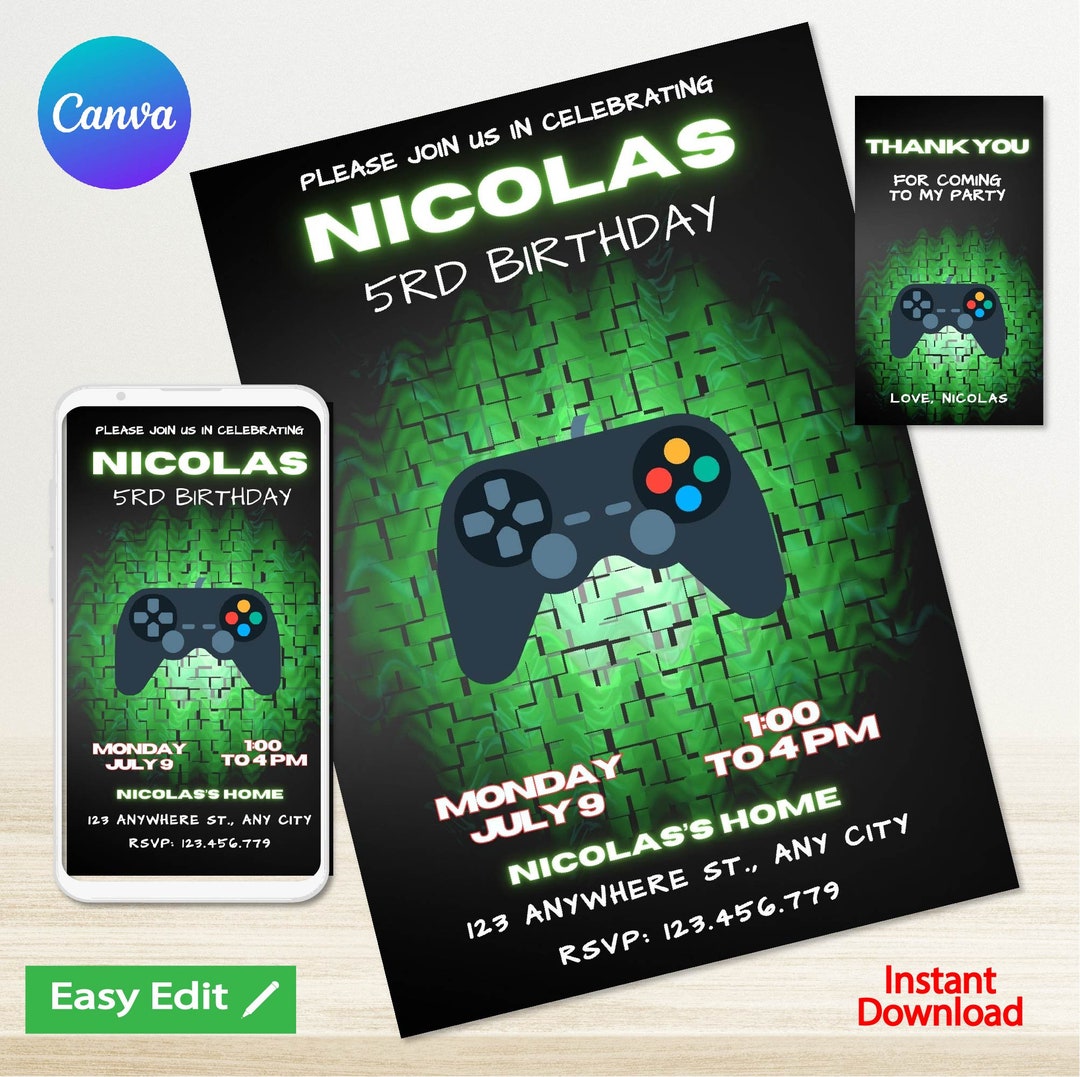 Video Game Birthday Invitation Template, Video Game Invitation, Neon ...