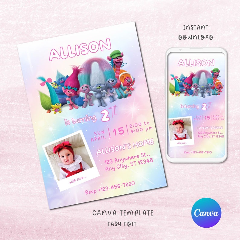 Editable Trolls Poppy Birthday Invitation | Trolls Girls Invite ...