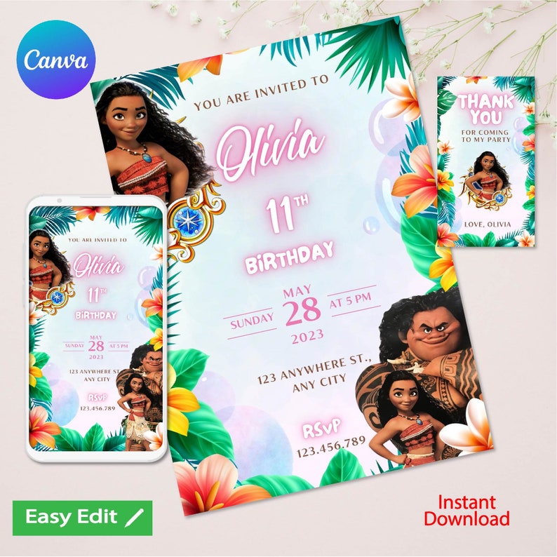 Moana Birthday Invitation Girl Party Invite Editable Template Custom ...