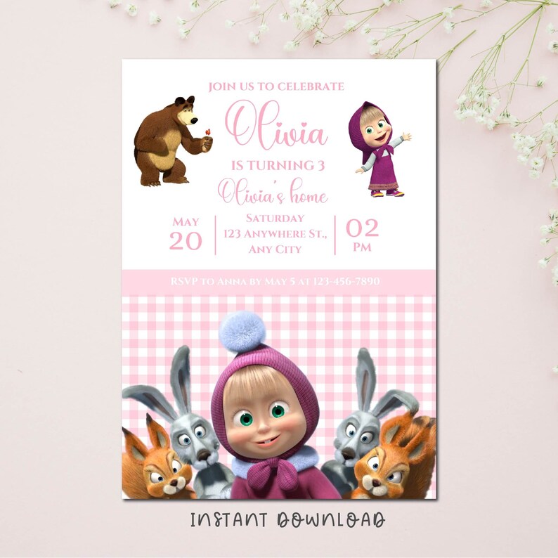 Editable Masha and the Bear Birthday Invitation Template, Printable ...