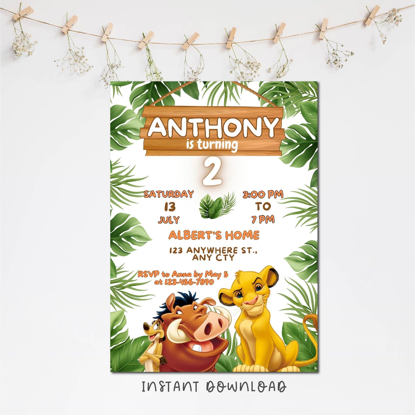 Lion King Birthday Invitation Boy Simba Timon Pumba Jungle Animals ...
