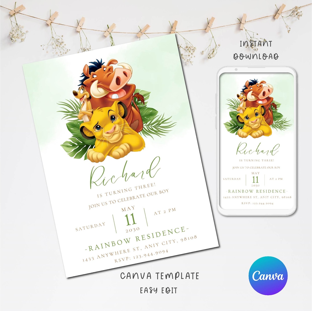 Lion King Birthday Invitation Boy Simba Timon Pumba Jungle Animals ...
