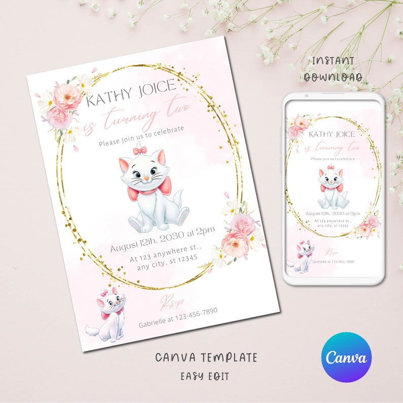 Marie & Aristocats Printable Invitation, Marie Aristocats Invite, Marie ...