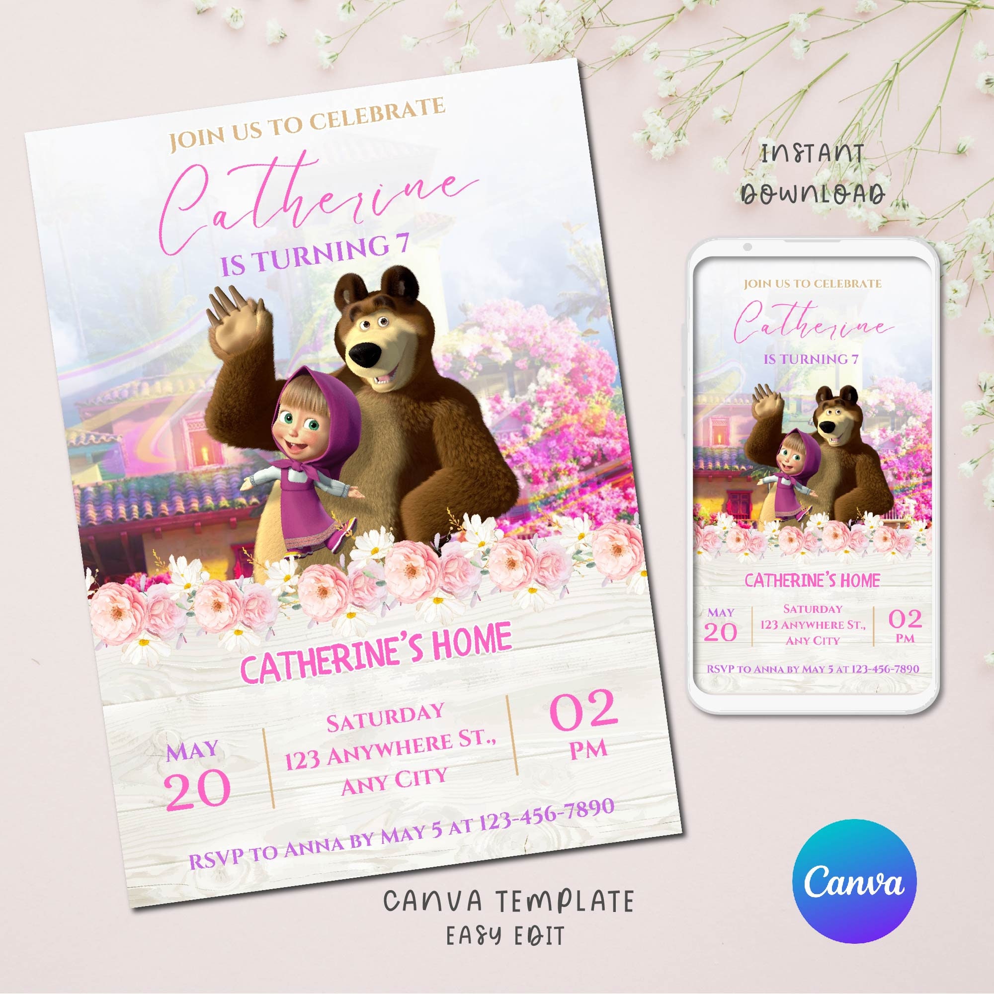 Editable Masha and the Bear Birthday Invitation Template, Printable ...