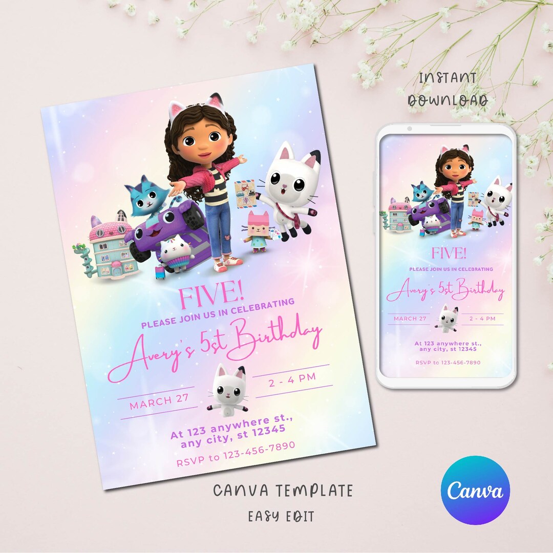 Editable Gabby's Dollhouse Birthday Invitation Template, Printable ...