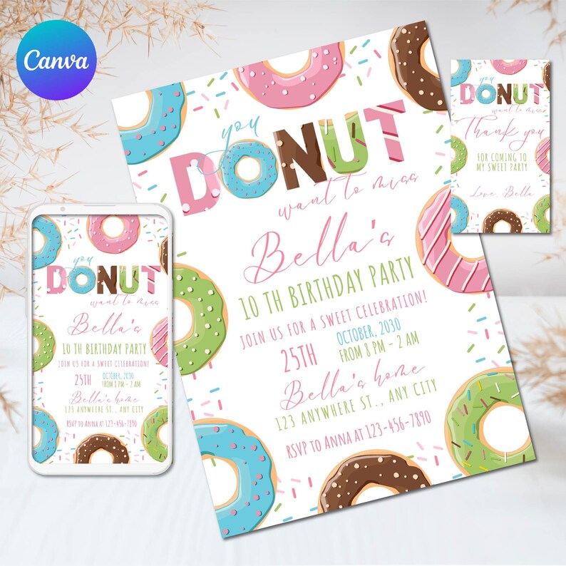 Donut Birthday Invitation, Editable Donut Birthday Invitation Template ...