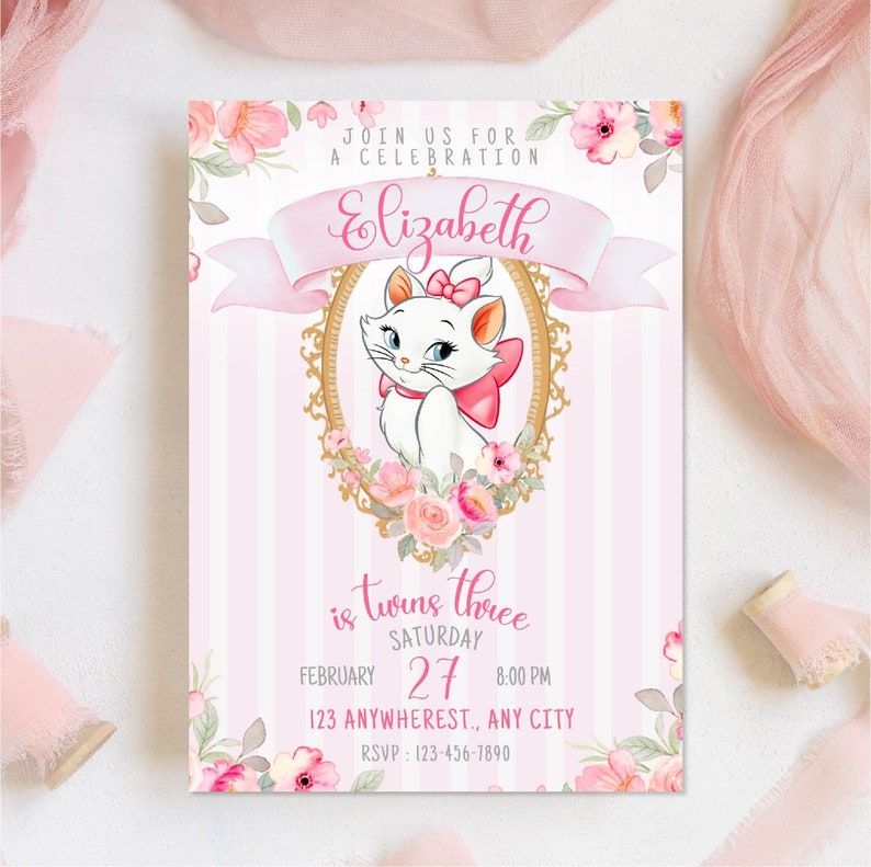 Marie & Aristocats Printable Invitation, Marie Aristocats Invite, Marie ...