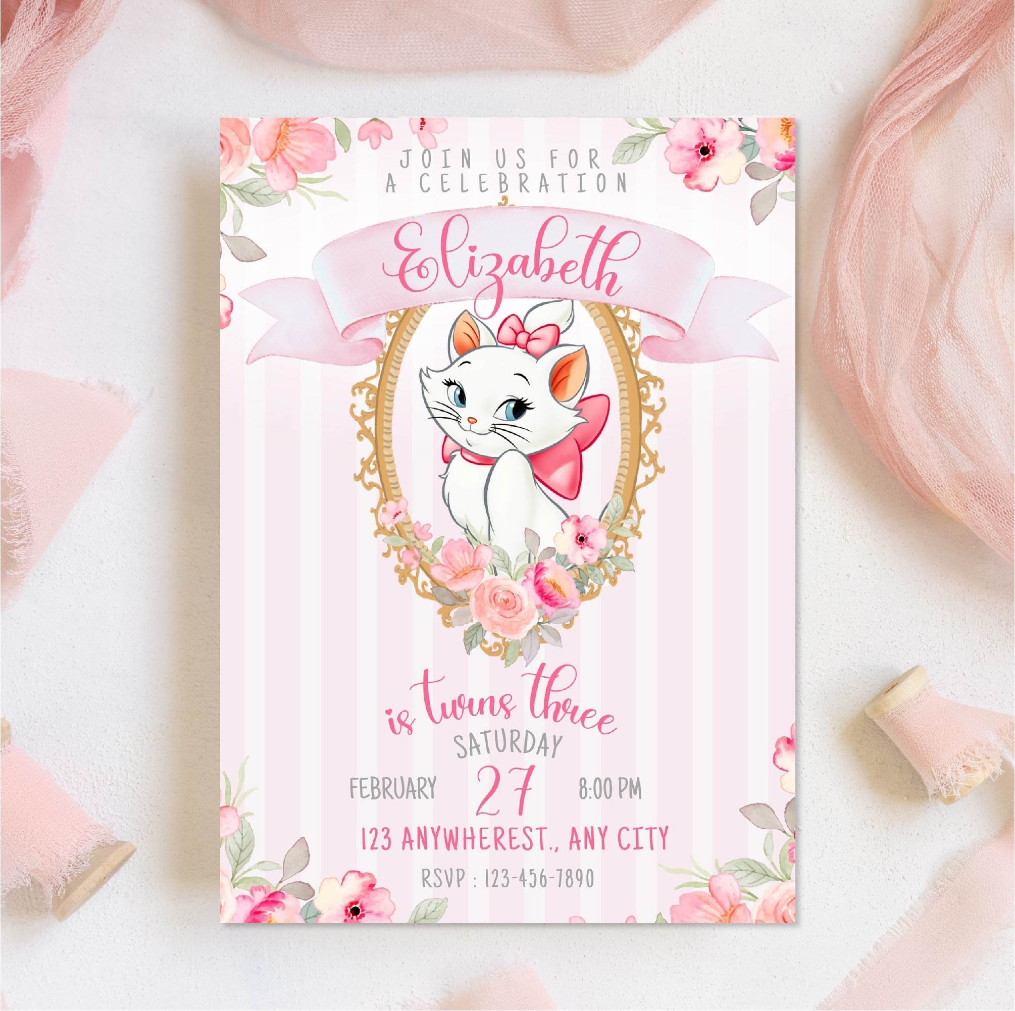 Marie & Aristocats Printable Invitation, Marie Aristocats Invite, Marie ...