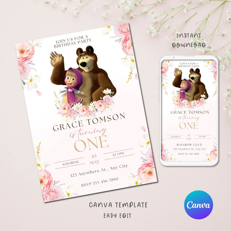 Editable Masha and the Bear Birthday Invitation Template, Printable ...
