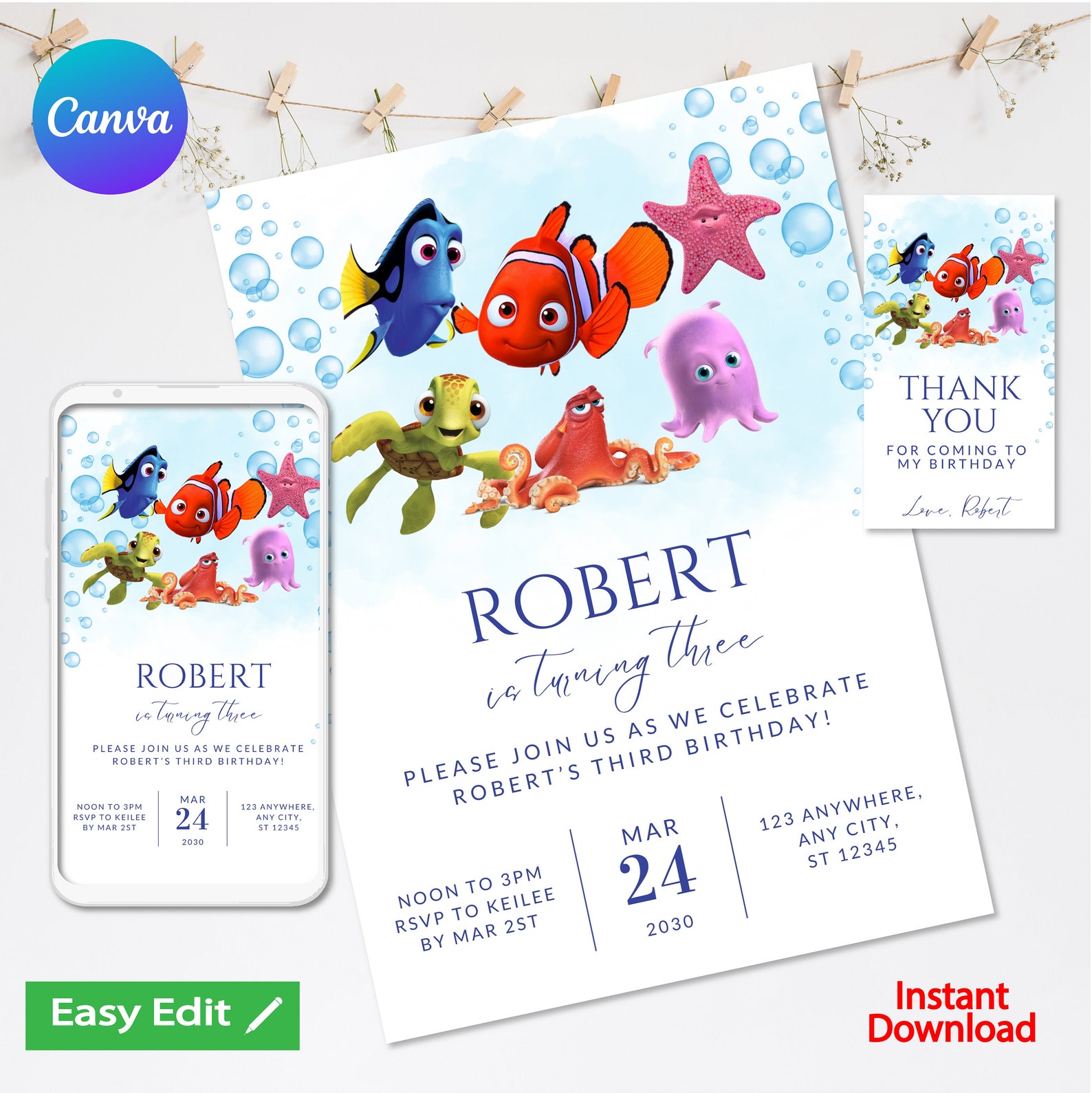 Printable Nemo Birthday Invitation, Dory Invite, Under the Sea Party ...