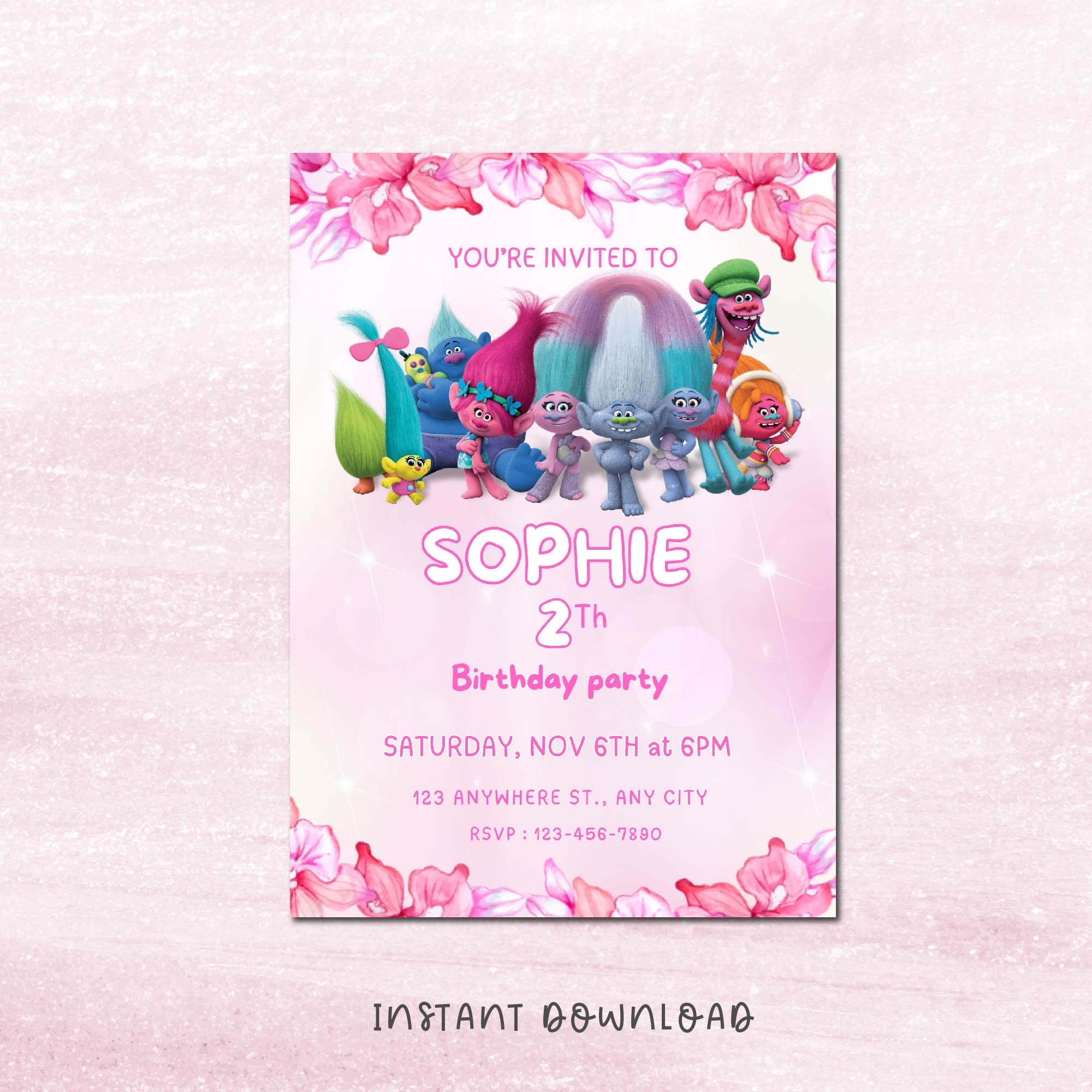 Editable Trolls Poppy Birthday Invitation | Trolls Girls Invite ...