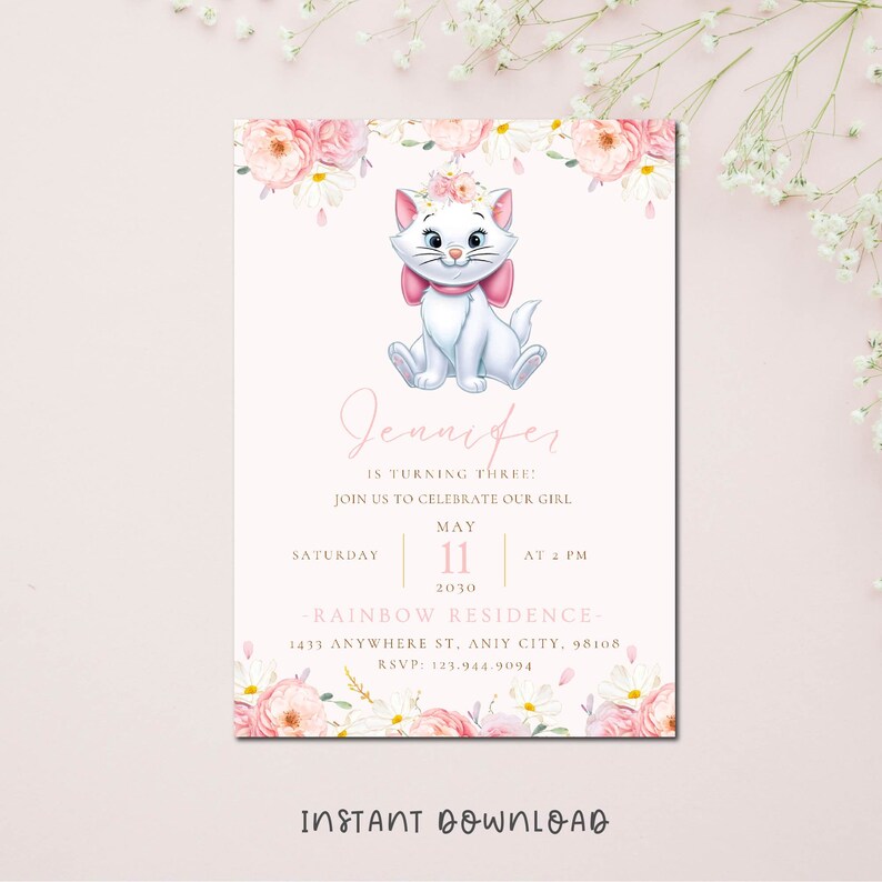 Marie & Aristocats Printable Invitation, Marie Aristocats Invite, Marie ...