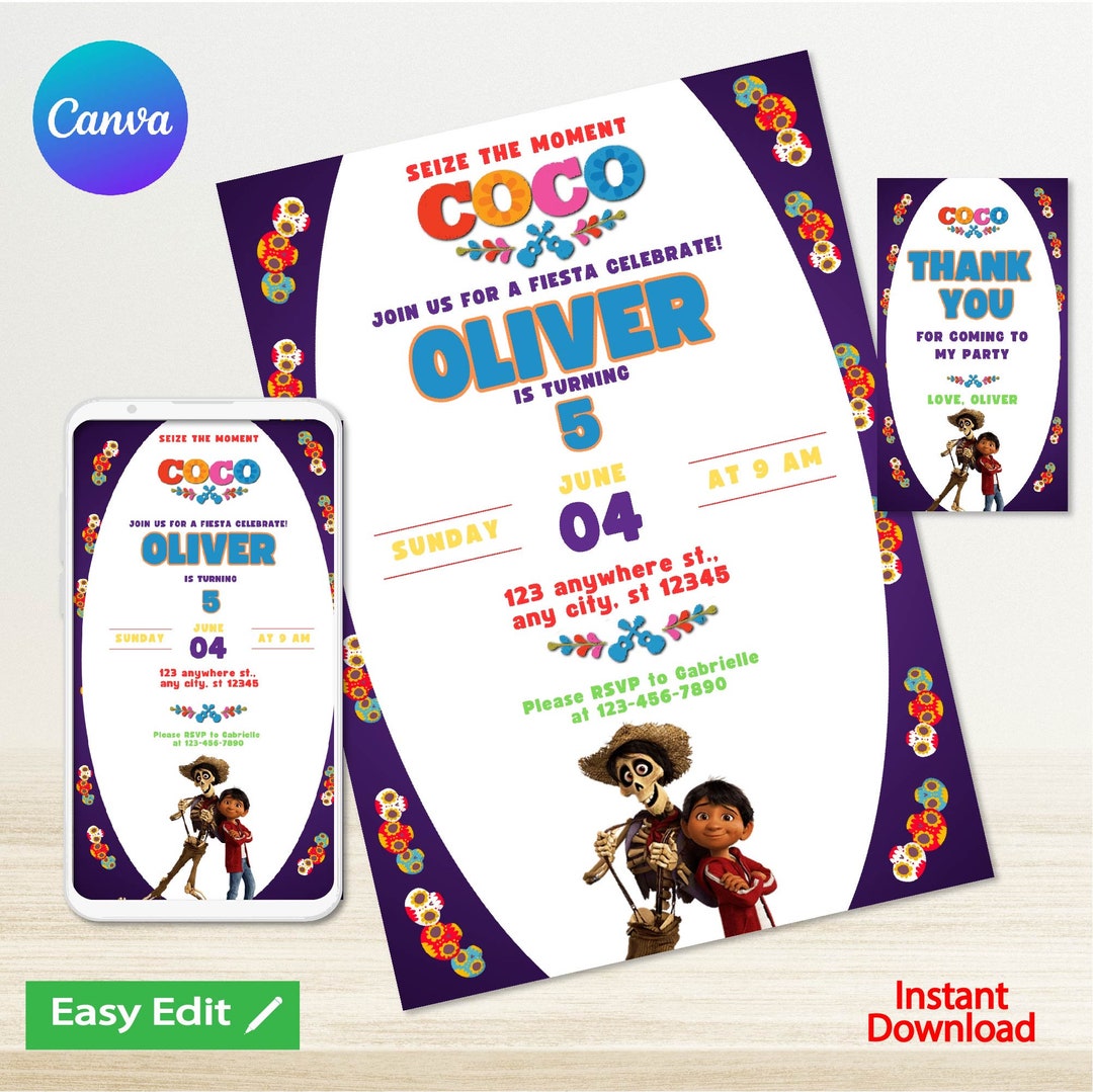 Editable Coco Birthday Invitation Disney Coco Invite Template Printable ...