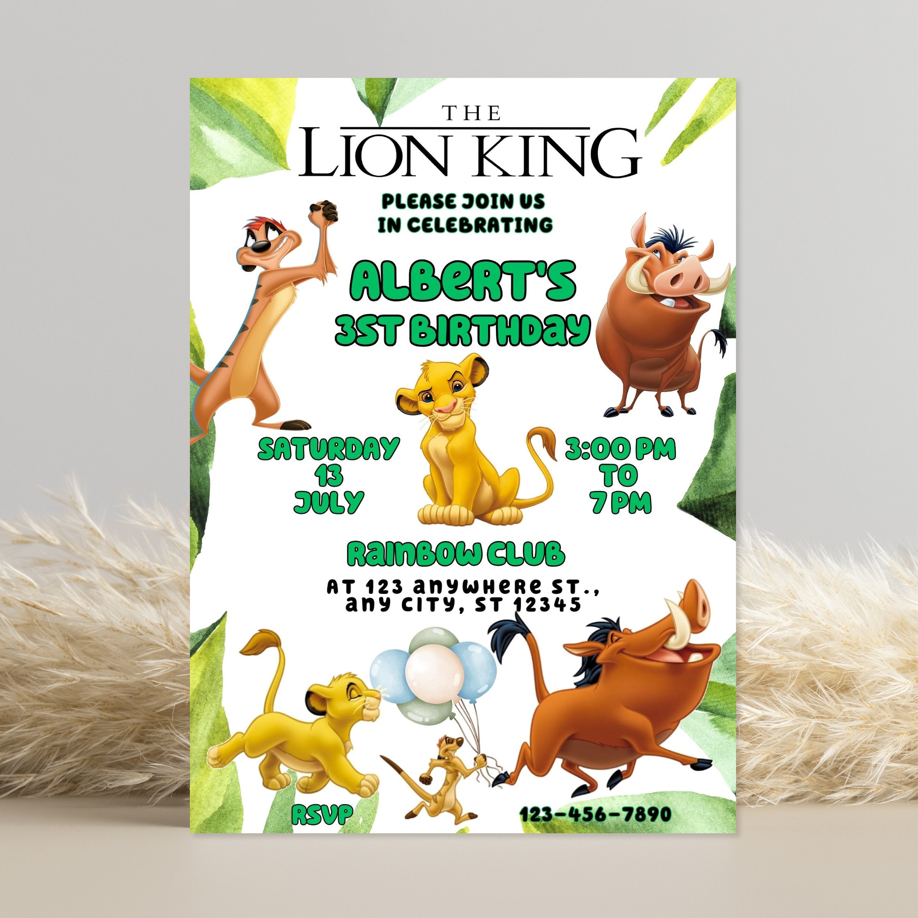 Lion King Birthday Invitation Boy Simba Timon Pumba Jungle Animals ...