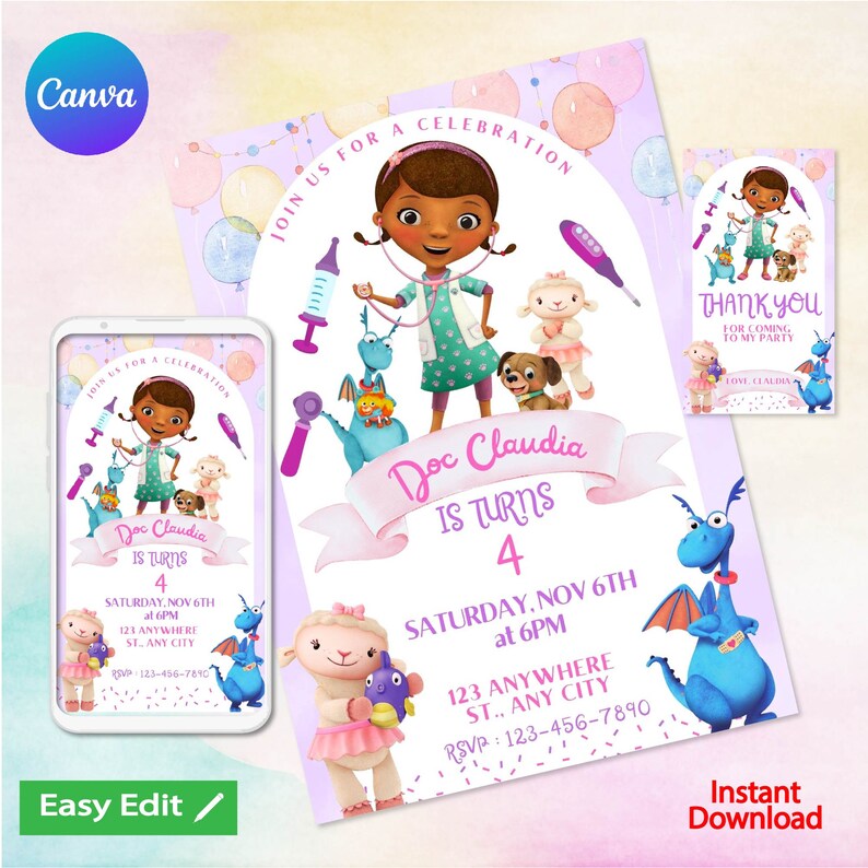 Doc Mcstuffins Birthday Invitation | Kids Digital Invitation | Girl ...