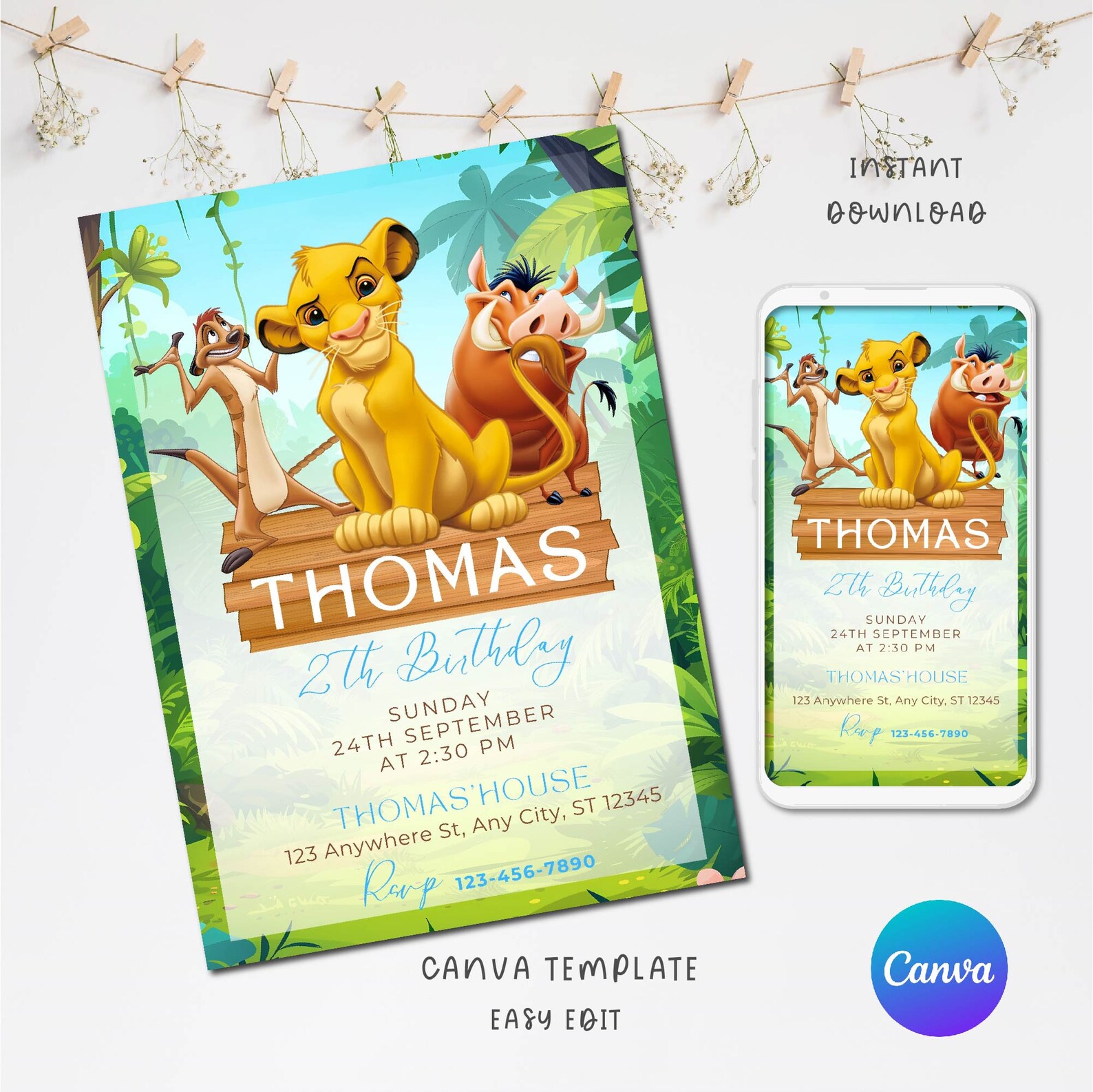 Lion King Birthday Invitation Boy Simba Timon Pumba Jungle Animals ...