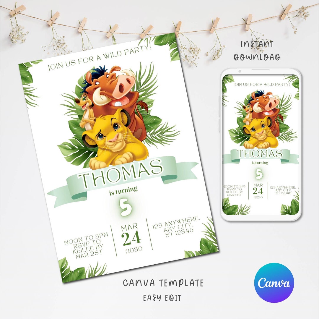Lion King Birthday Invitation Boy Simba Timon Pumba Jungle Animals ...