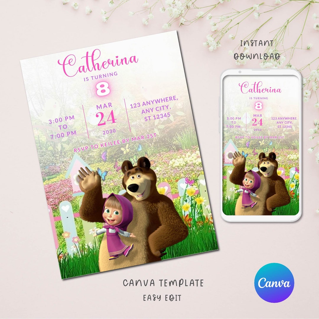 Editable Masha and the Bear Birthday Invitation Template, Printable ...